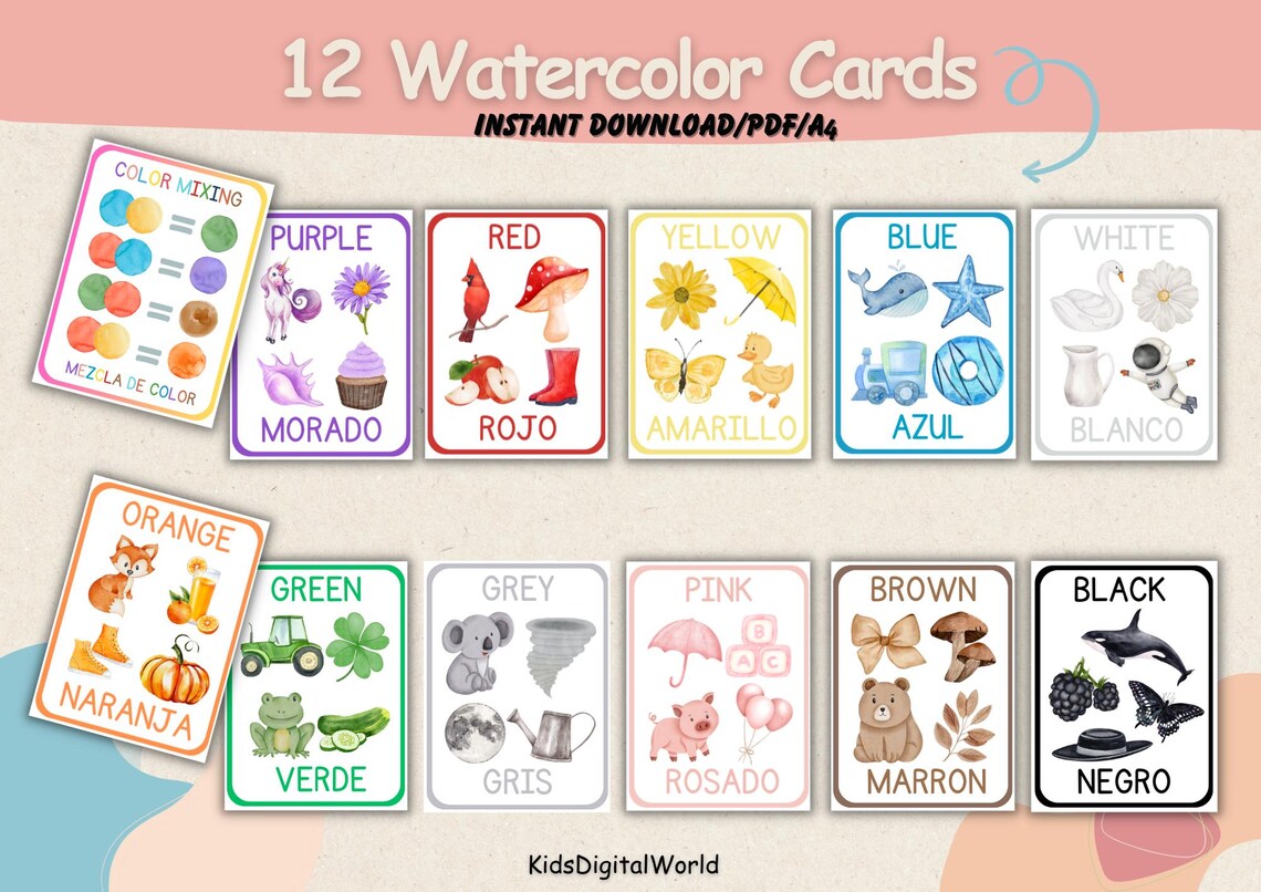 Watercolor Color Flashcards | Bilingual Colorful Flashcards | Preschool ...