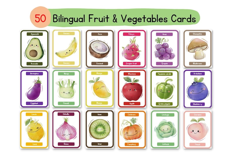 50 Colorful Bilingual Fruits and Vegetables Card . Montessori ...