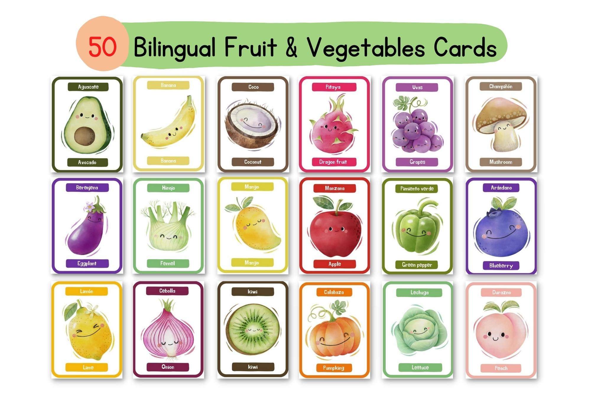 50 Colorful Bilingual Fruits and Vegetables Card . Montessori ...