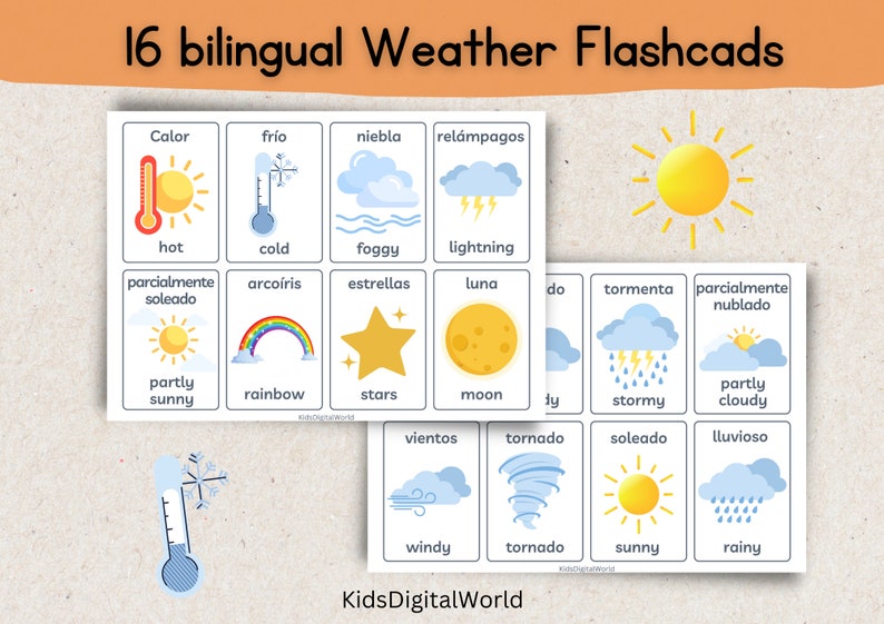 Bilingual Weather Flashcards 16 Colorful Weather Cards - Etsy