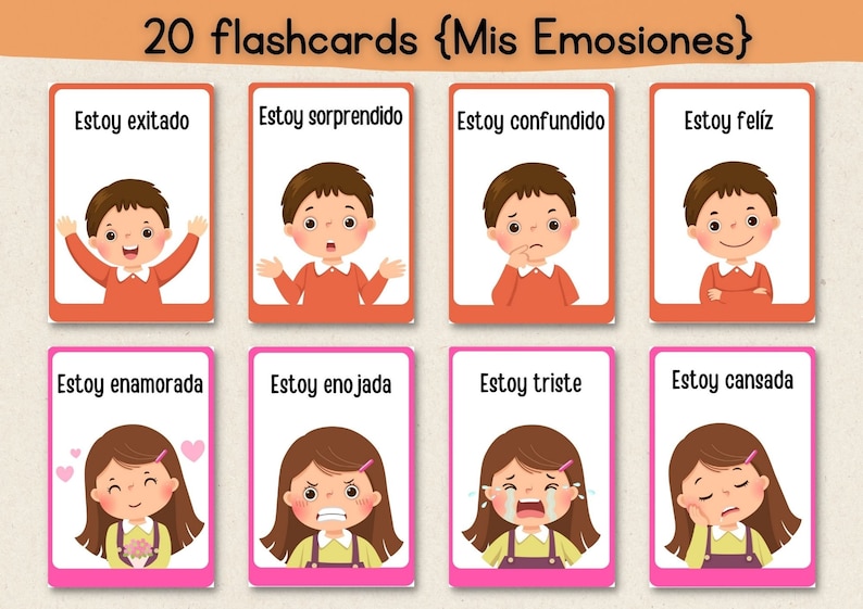 Spanish Feelings and Emotions Toddler Flash Cards Emotion Flashcards ...