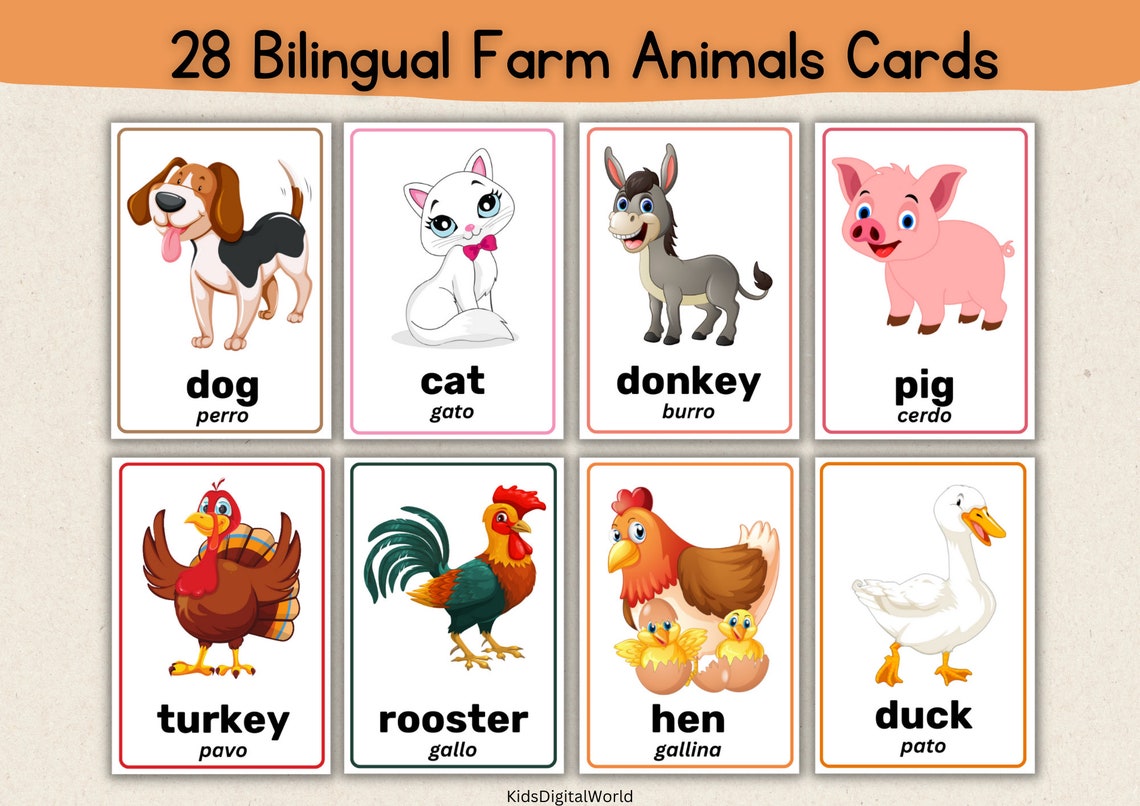 Bilingual Farm Animals Educational Cards | Montessori Flash Cards ...