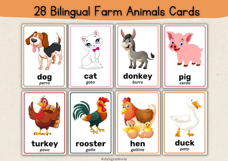 Bilingual Farm Animals Educational Cards | Montessori Flash Cards ...