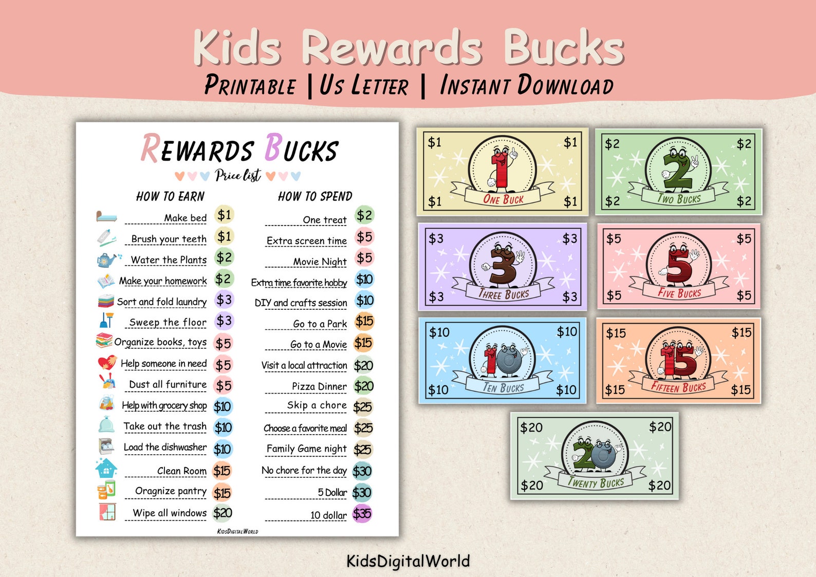 Colorful Kids Reward Bucks, Mom Bucks, PDF Reward System for Kids ...