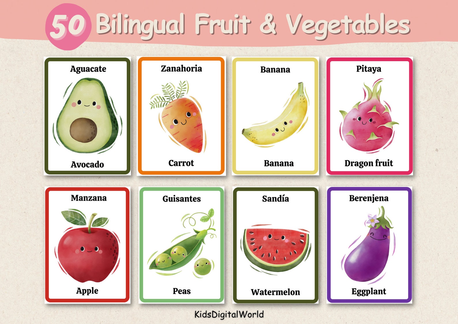 50 Colorful Bilingual Fruits and Vegetables Card | Montessori ...