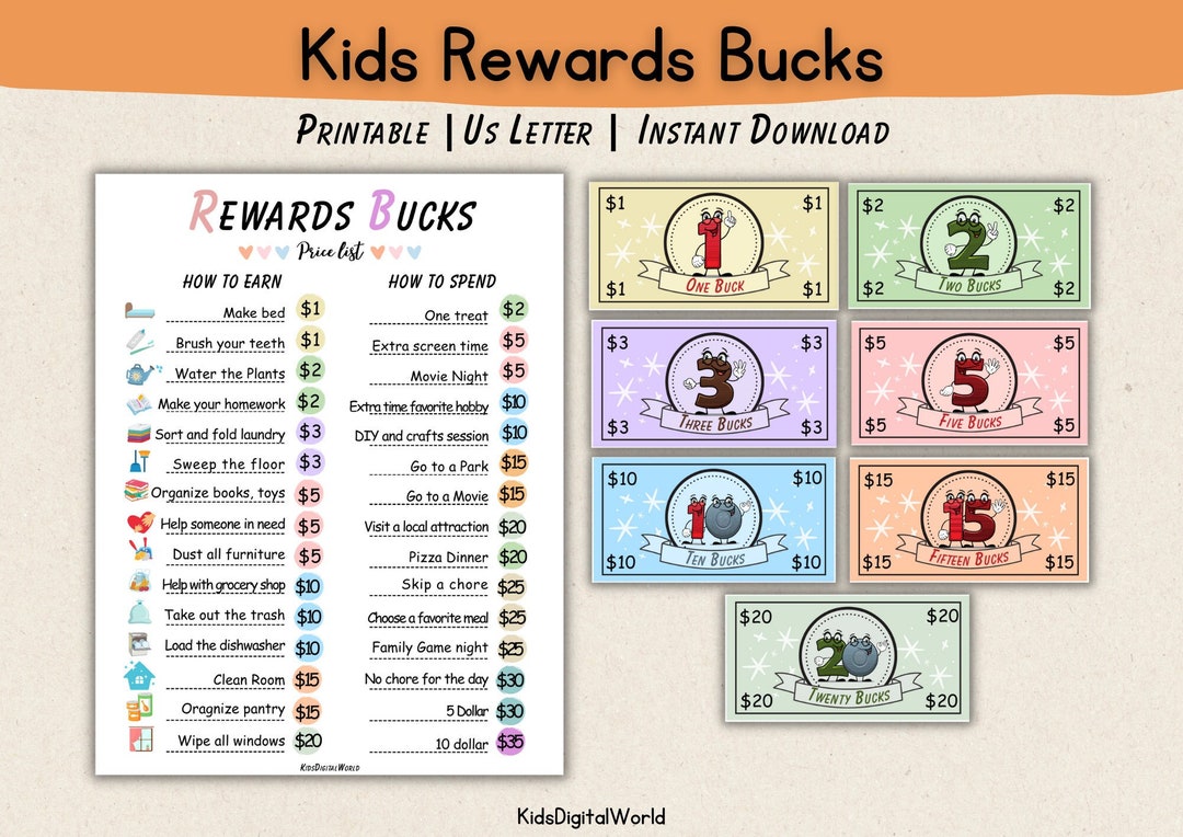 Colorful Kids Reward Bucks, Mom Bucks, PDF Reward System for Kids ...