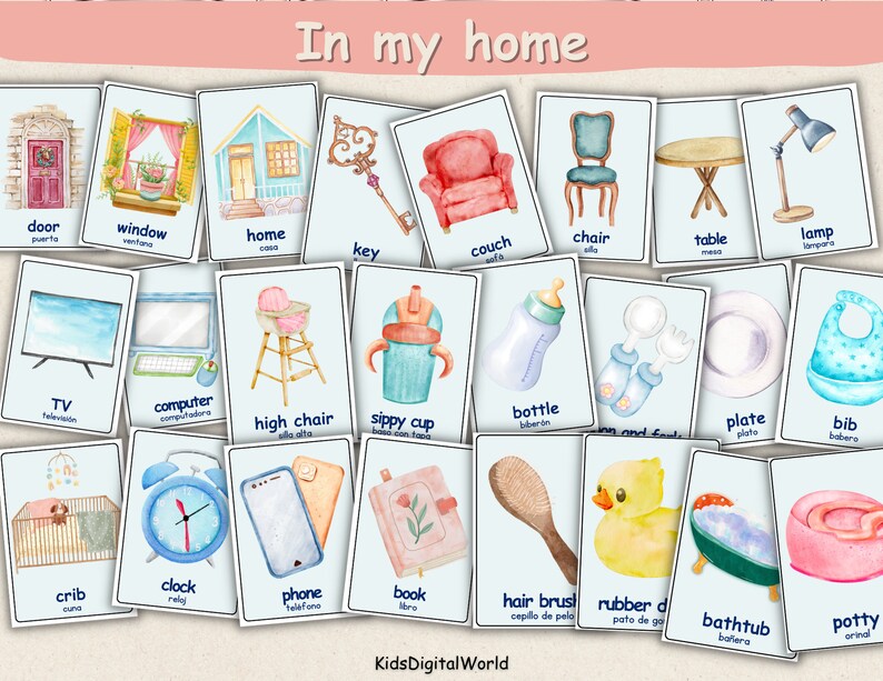 100 First Words Bilingual, Flash Cards, English and Spanish, Montessori ...