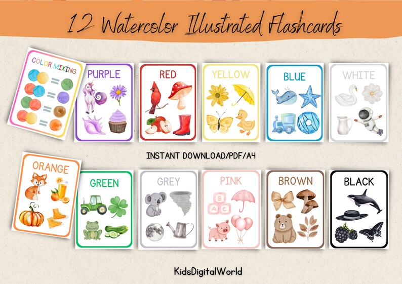 Watercolor Colors Flash Cards Colorful Flashcards - Etsy