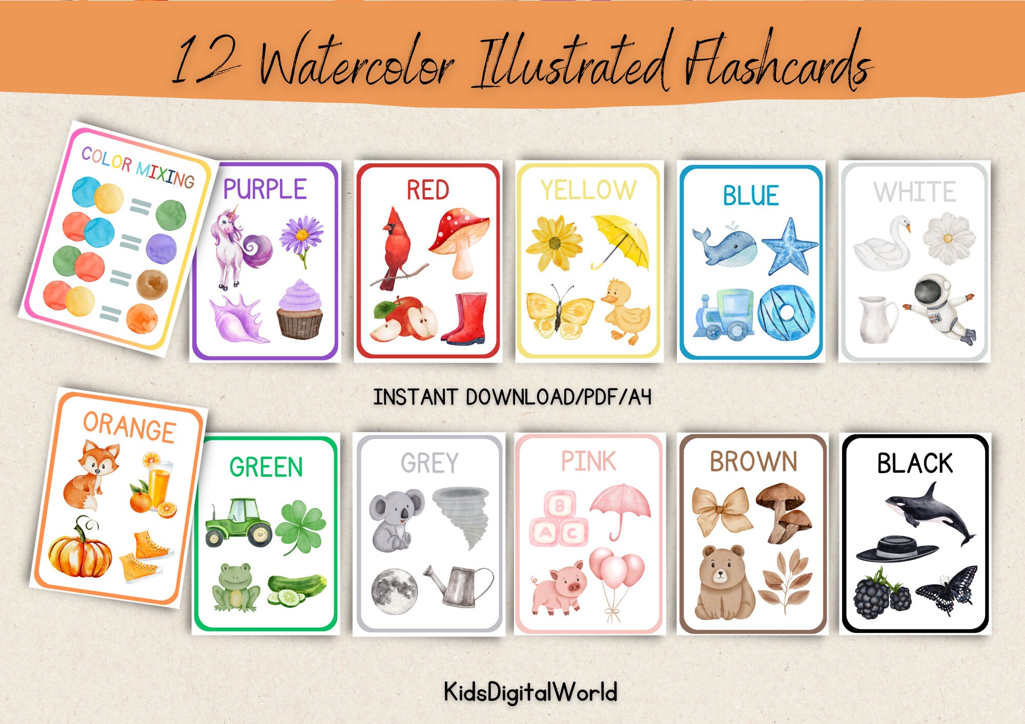 Watercolor Colors Flash Cards Colorful Flashcards - Etsy