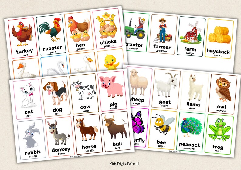 Bilingual Farm Animals Educational Cards | Montessori Flash Cards ...