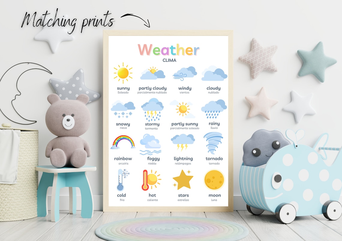 Bilingual Weather Flashcards 16 Colorful Weather Cards - Etsy