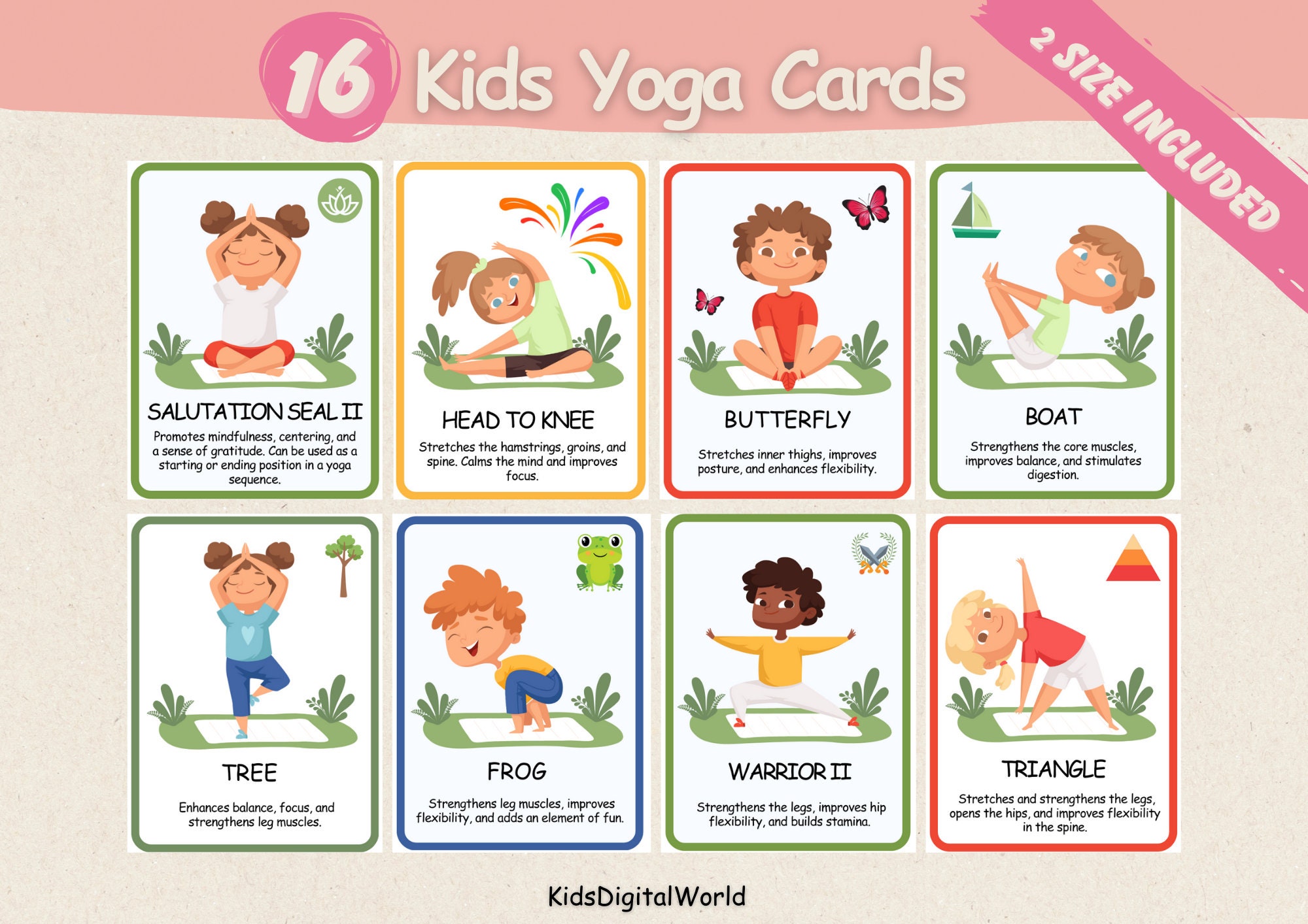 16 KIDS YOGA POSES, Yoga Flashcards Benefits, Kids Movement Activity ...