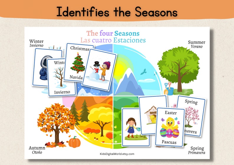 Colorful Season Flash Cards | Bilingual Seasons Flashcards | Matching ...