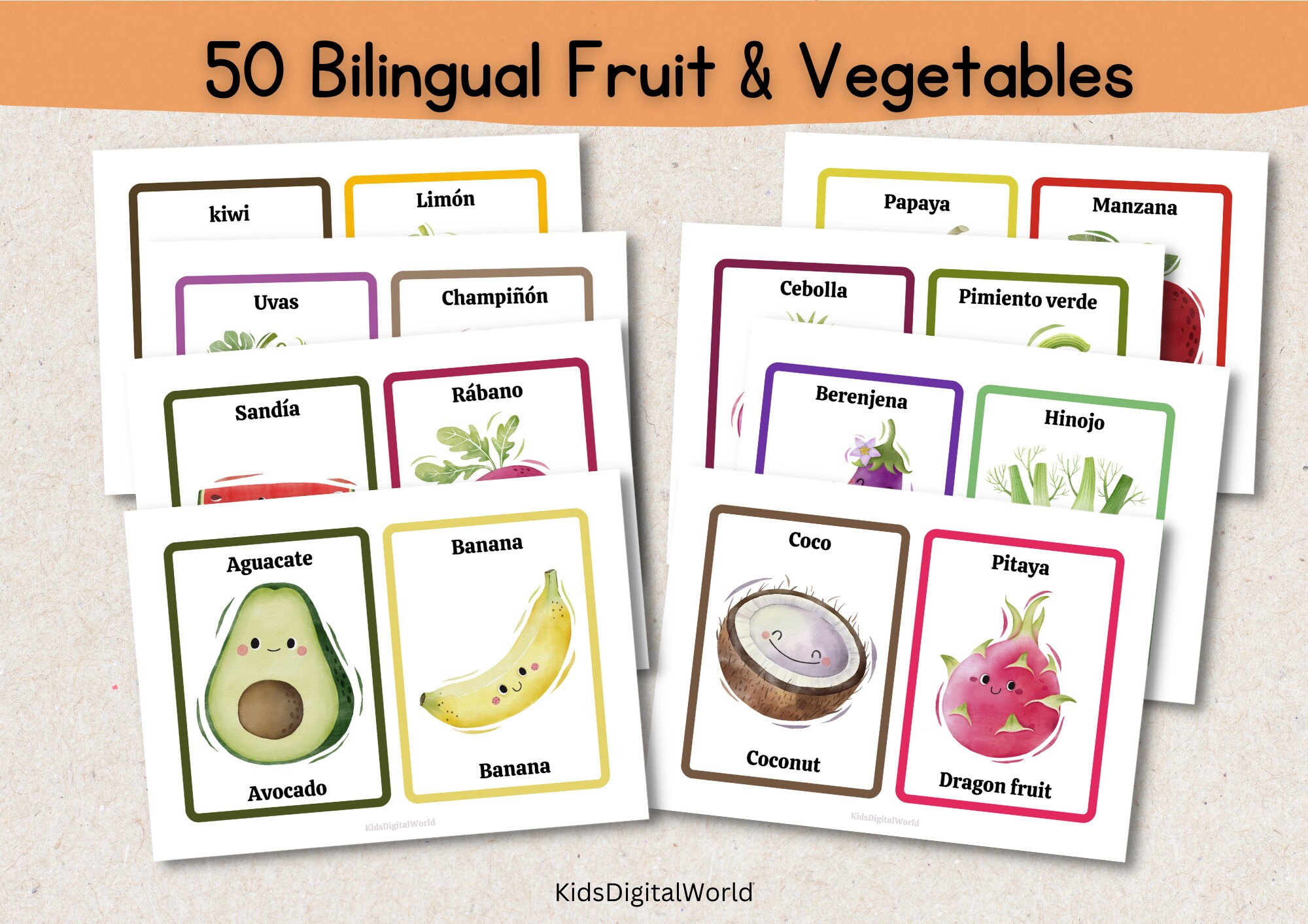 50 Colorful Bilingual Fruits and Vegetables Card Montessori - Etsy