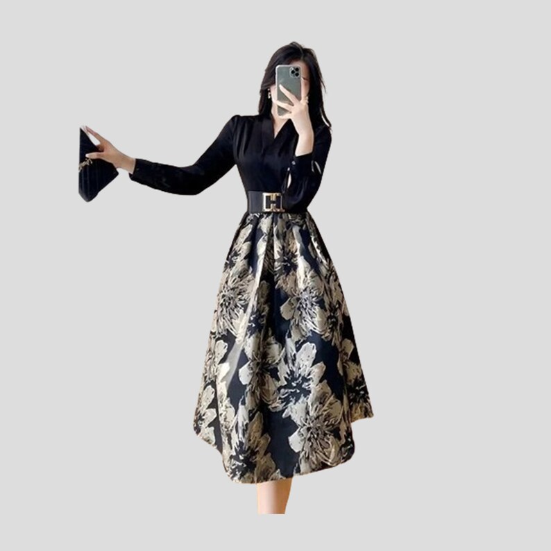 Women Elegant Floral Long Dress, Modern Style Office Lady Dress, Winter ...