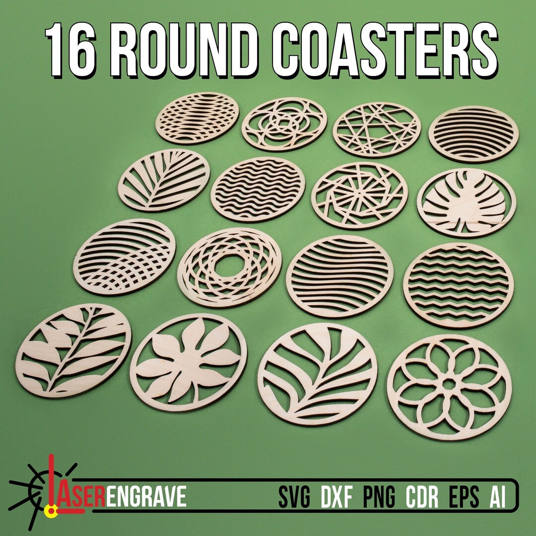 Coaster Set Laser Cut Templates, 16 Round Coaster SVG Bundle, Laser Cut ...