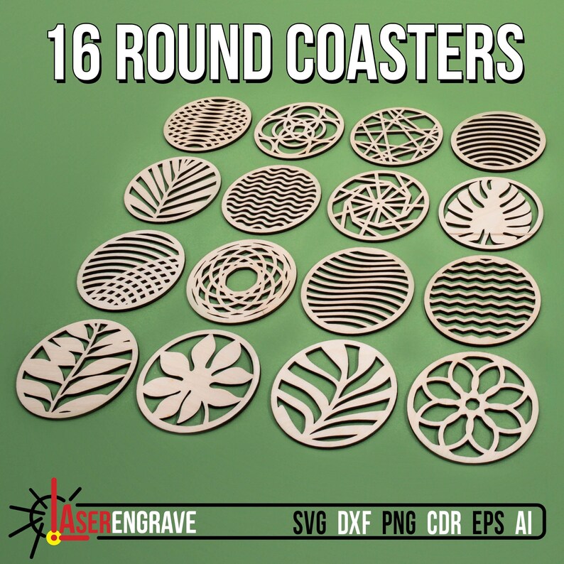 Coaster Set Laser cut templates, 16 round coaster SVG bundle, Laser cut ...