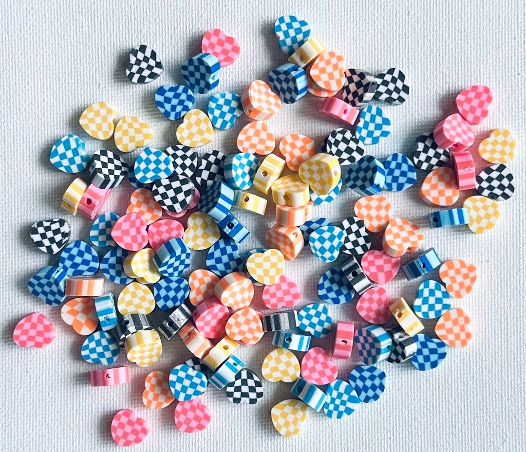 Checkered Heart Beads•heart Shaped Multicolor Checkered Beads•clay ...