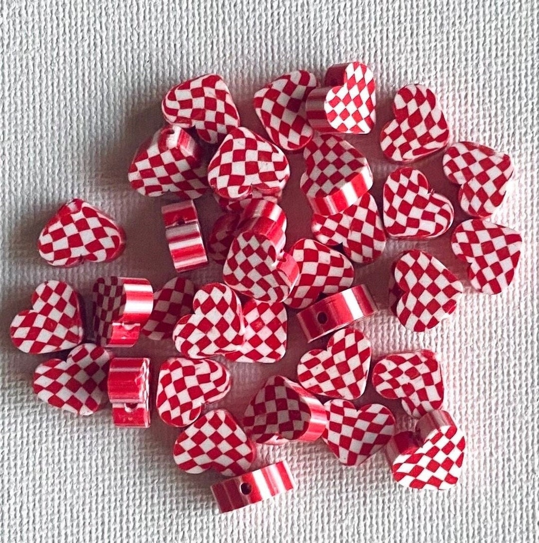 Checkered Heart Beads•heart Shaped Red & White Beads•heart Shaped Beads ...