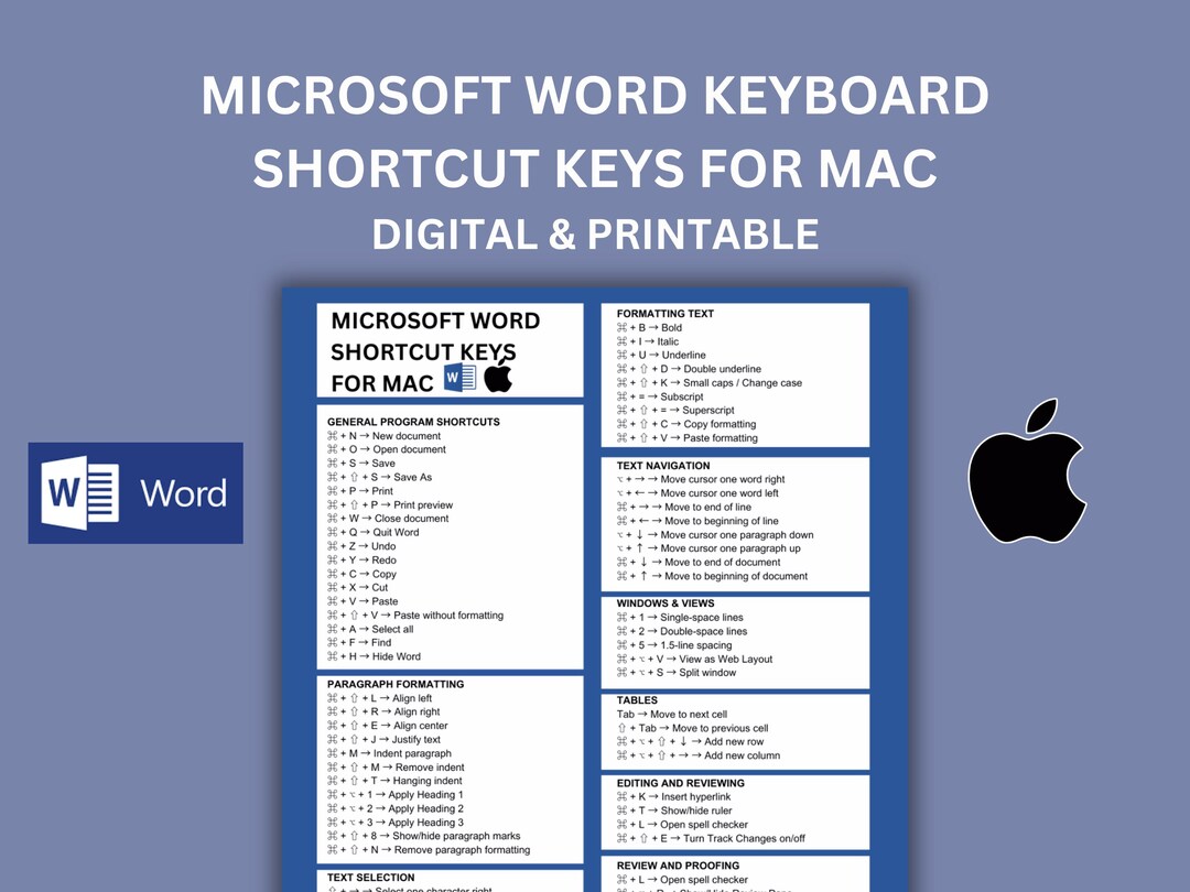 MAC OS Microsoft Word Keyboard Shortcut Keys for MAC | Word Cheat Sheet ...