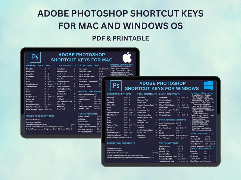 Adobe Photoshop Shortcut Keys Cheat Sheet for Mac & Windows Digital and ...