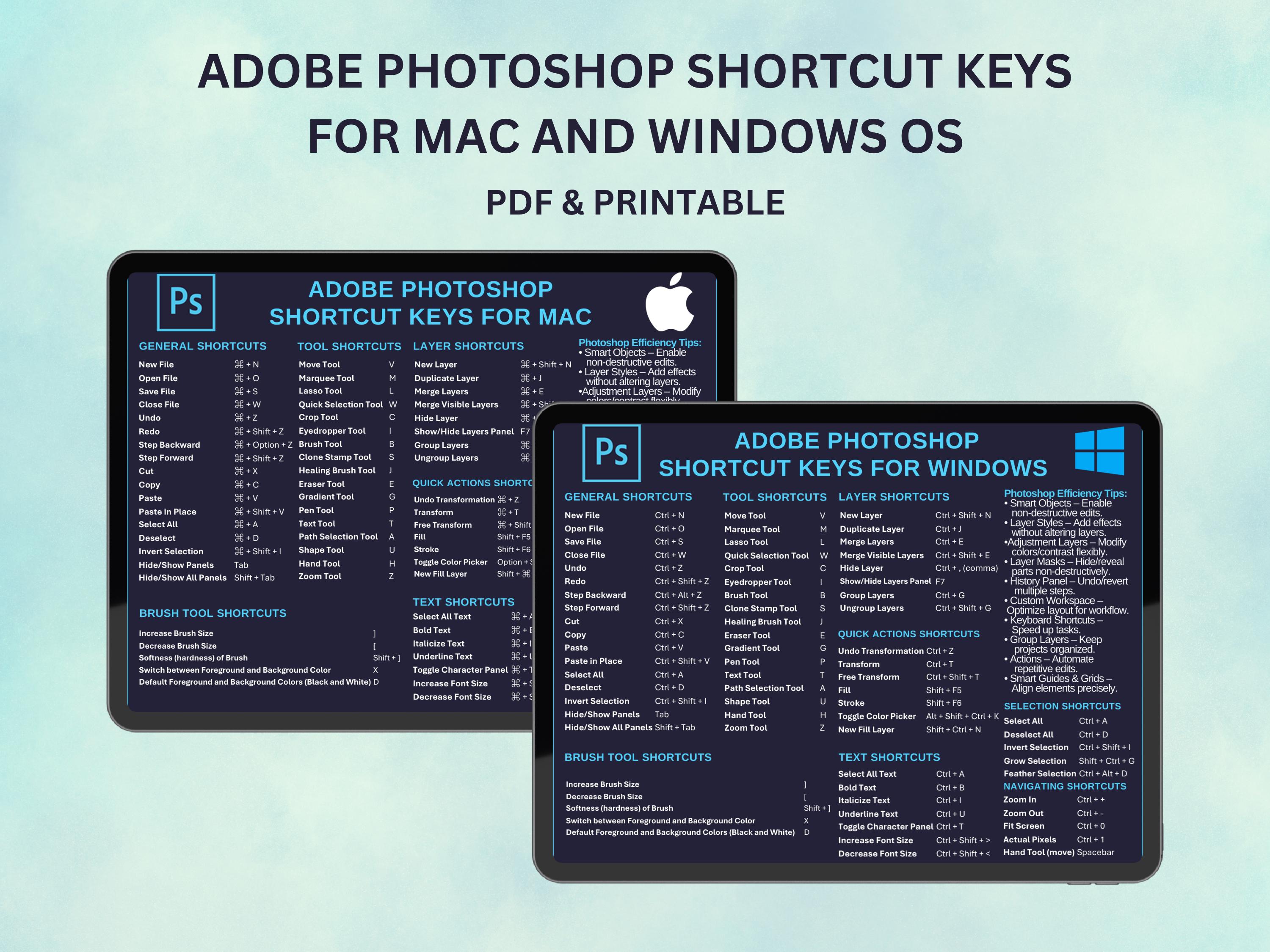 Adobe Photoshop Shortcut Keys Cheat Sheet for Mac & Windows Digital and ...