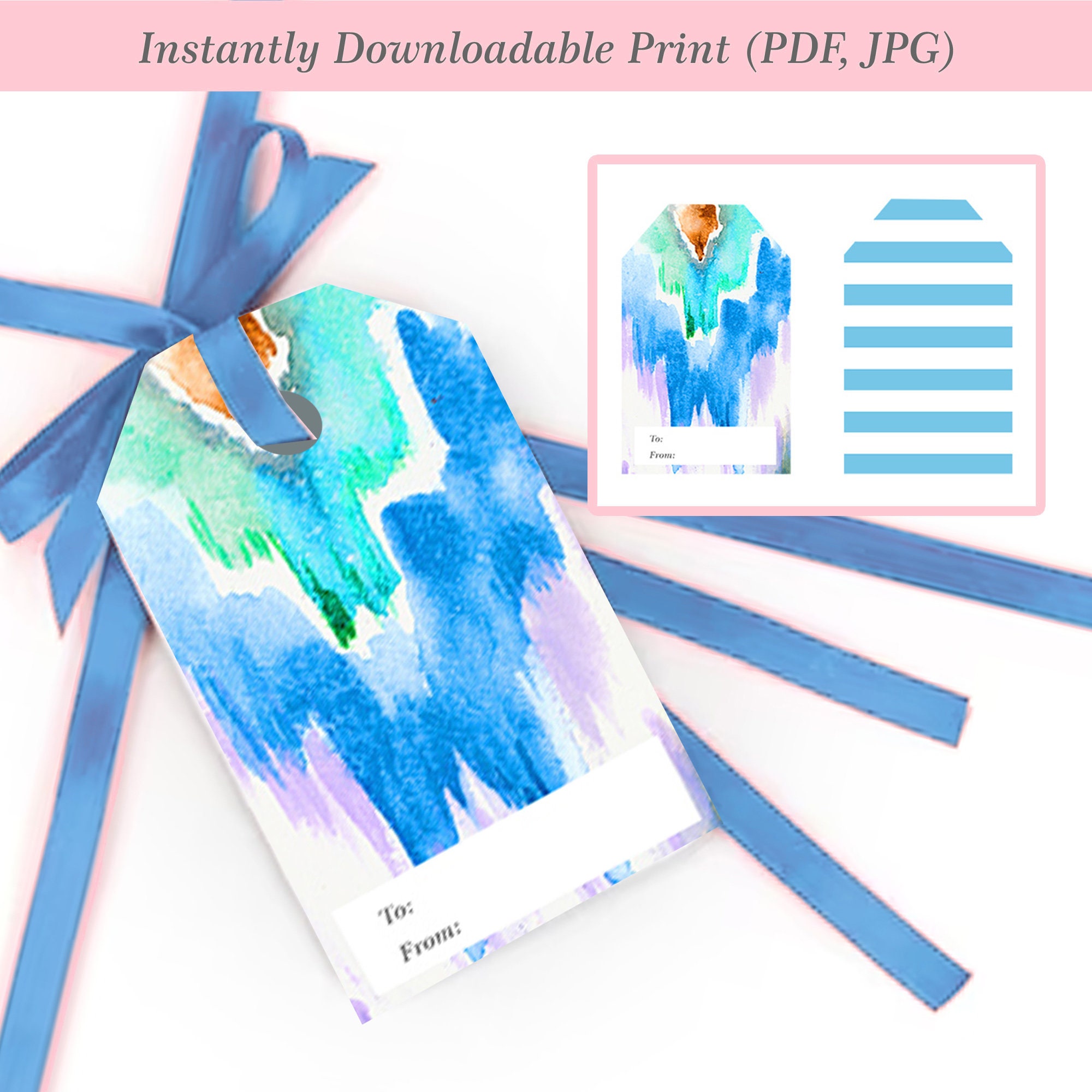 Printable Gift Tag Downloadable Watercolor Blue Ikat Tie Dye Colors ...