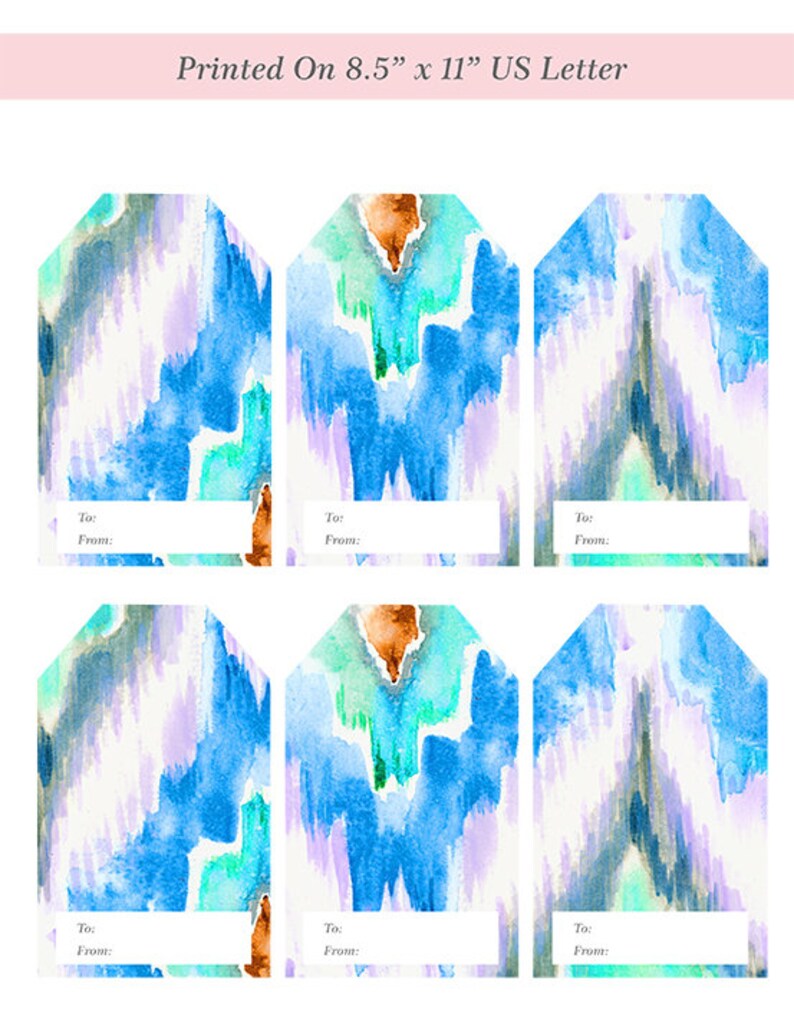 Printable Gift Tag Downloadable Watercolor Blue Ikat Tie Dye Colors ...