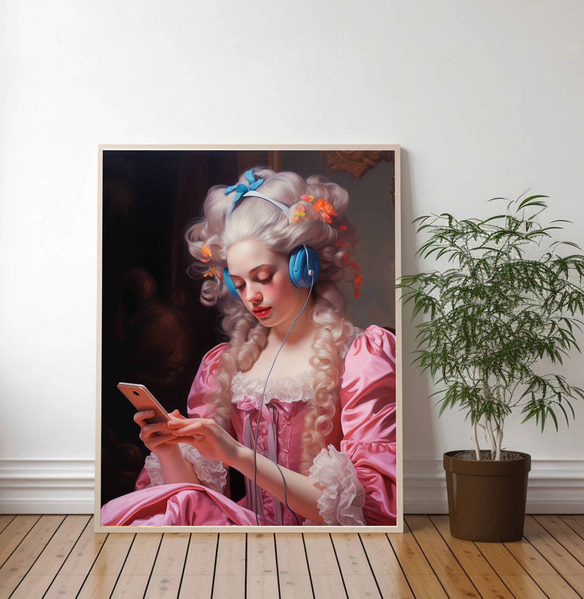 Humorous Art Print Funny Rococo Paintings, Elegant Lady Holding Cell ...