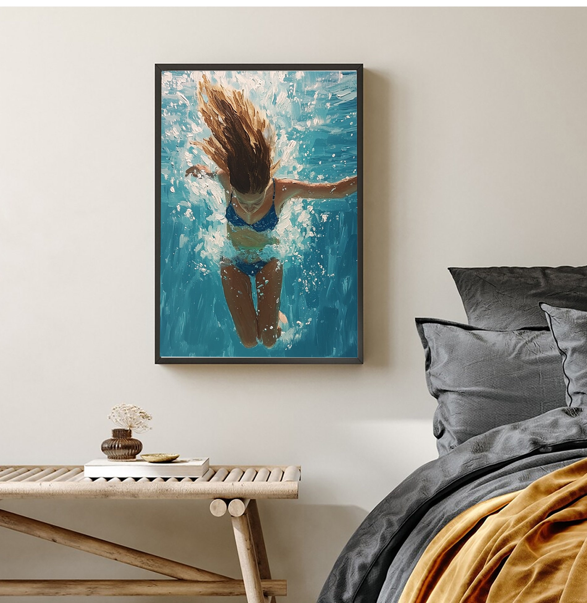 Diving Girl Pool Contemporary Art Print Poster Vintage Painting Art ...