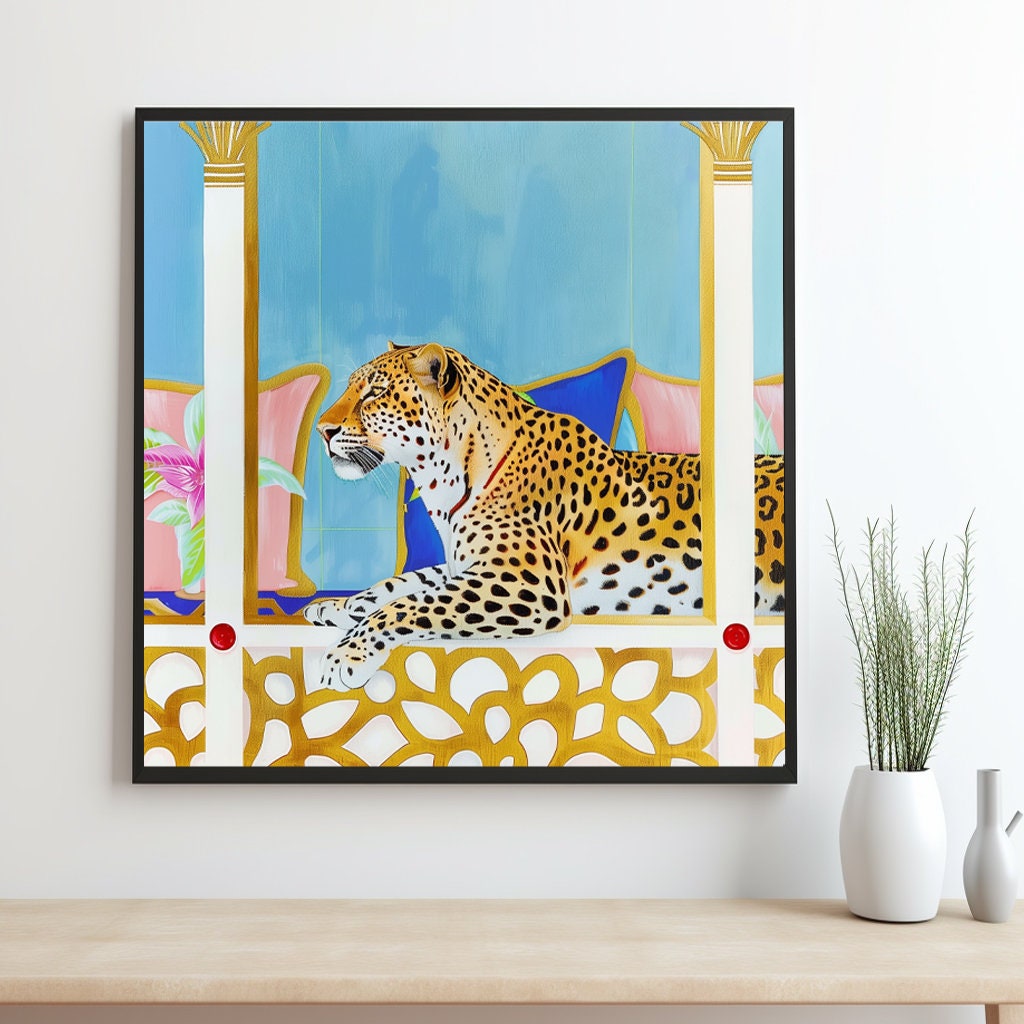 ART PRINT Asian Cheetah Palm Tree in Chinoiserie Exotic Cat in Room ...