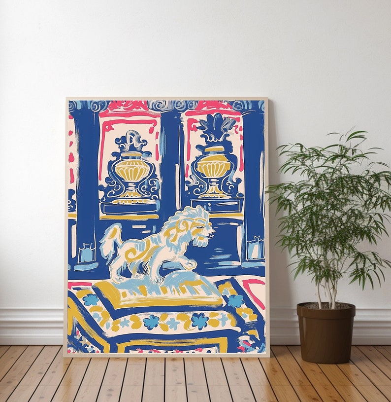 Art Print Staffordshire Dog Chinoiserie Pagoda Ginger Pattern Blues and ...