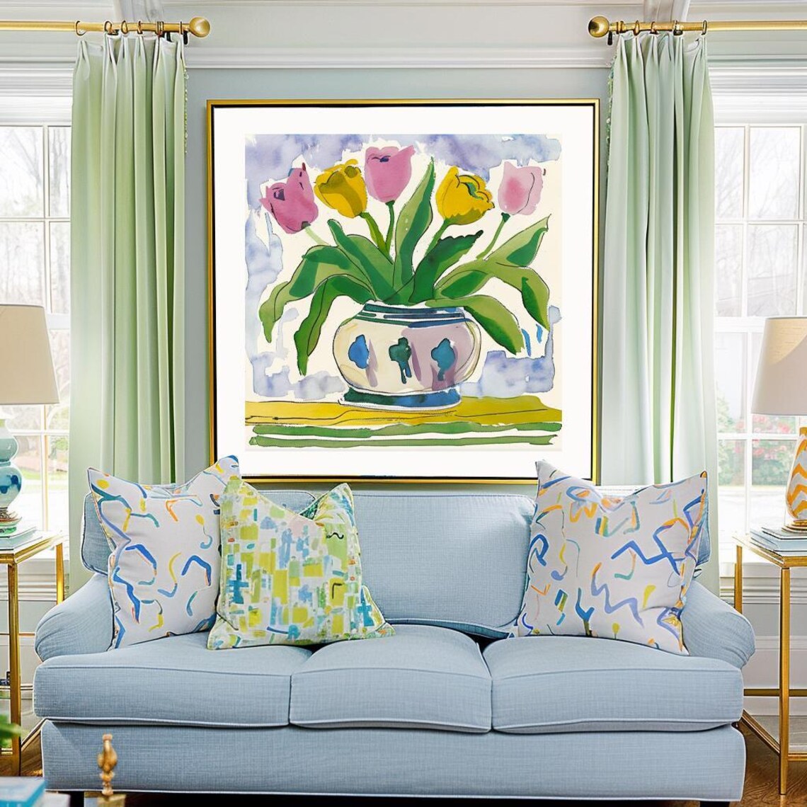Chinoiserie Tulips Print: Abstract Floral Still Life, Preppy Wall Art ...