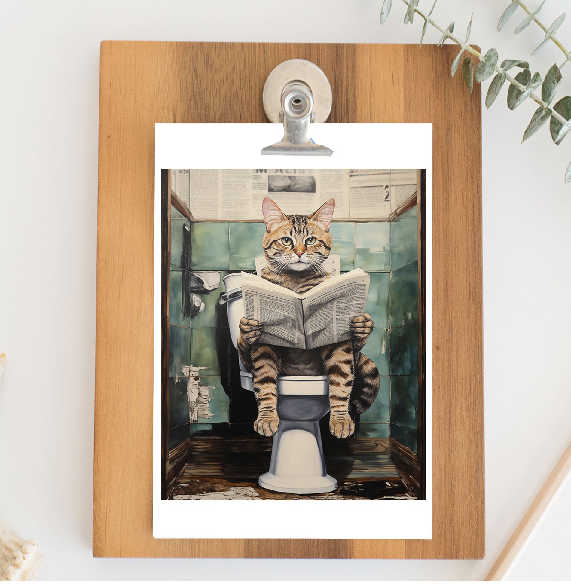 Funny Humorous Restroom Cat on Toilet Art Print Cat Reading Newspaper ...