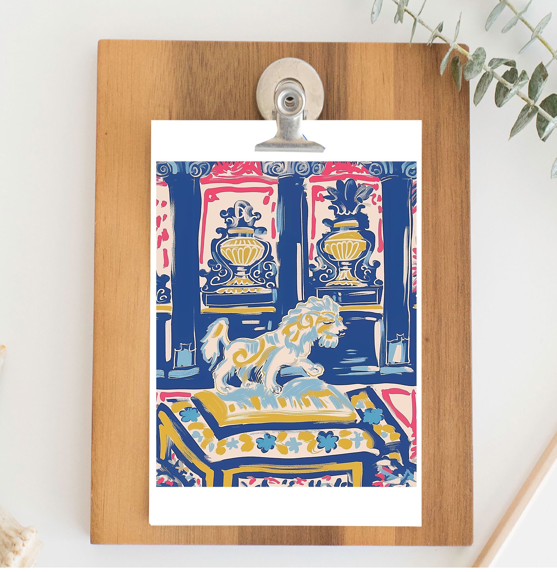 Art Print Staffordshire Dog Chinoiserie Pagoda Ginger Pattern Blues and ...