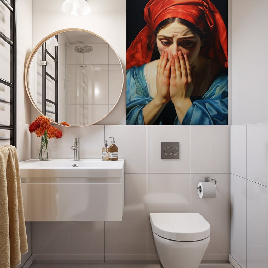 Funny Humorous Restroom Toilet Art Print Girl Covering Her Nose ...