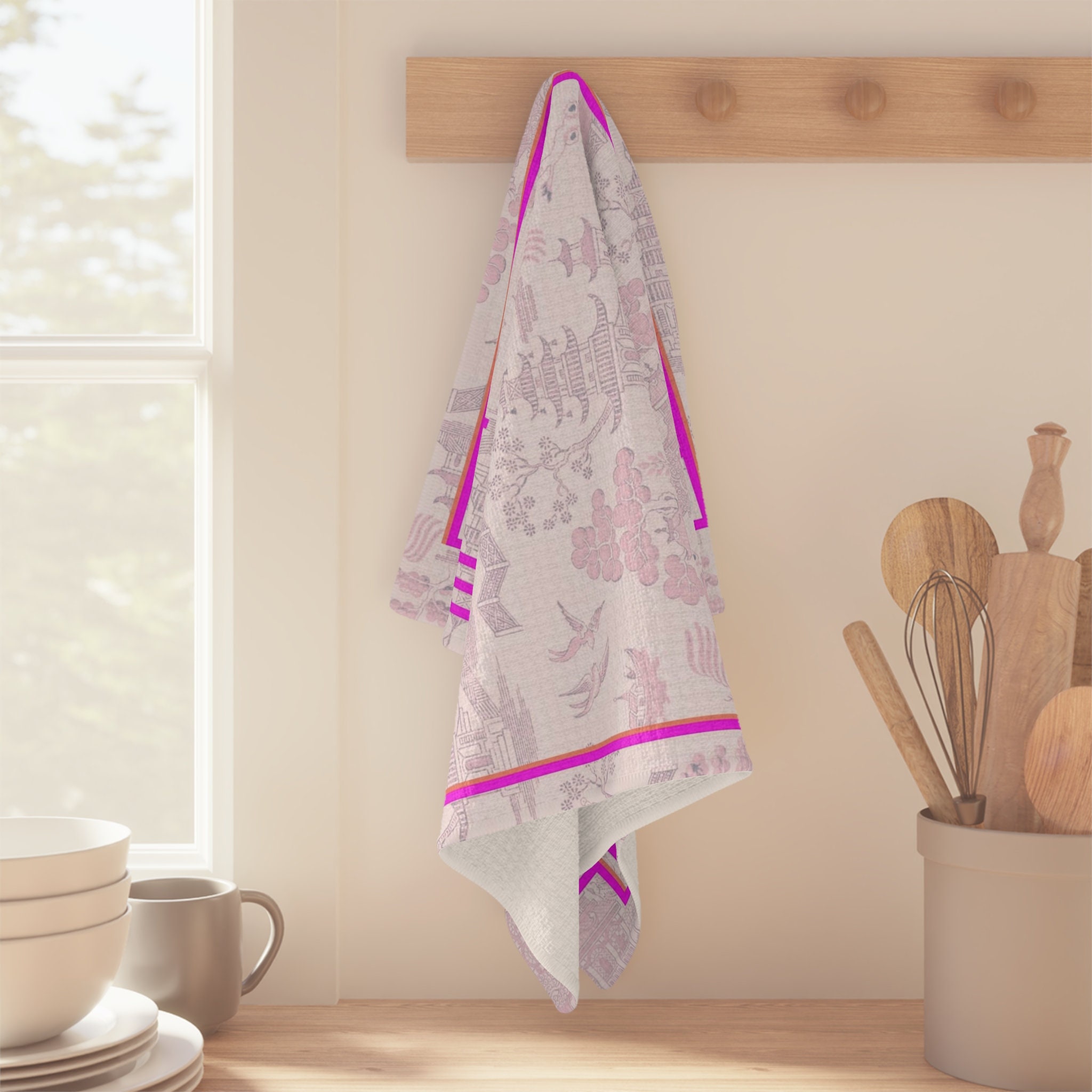 Custom Preppy Chinoiserie Pagoda Tea Towel, Personalized Monogram ...