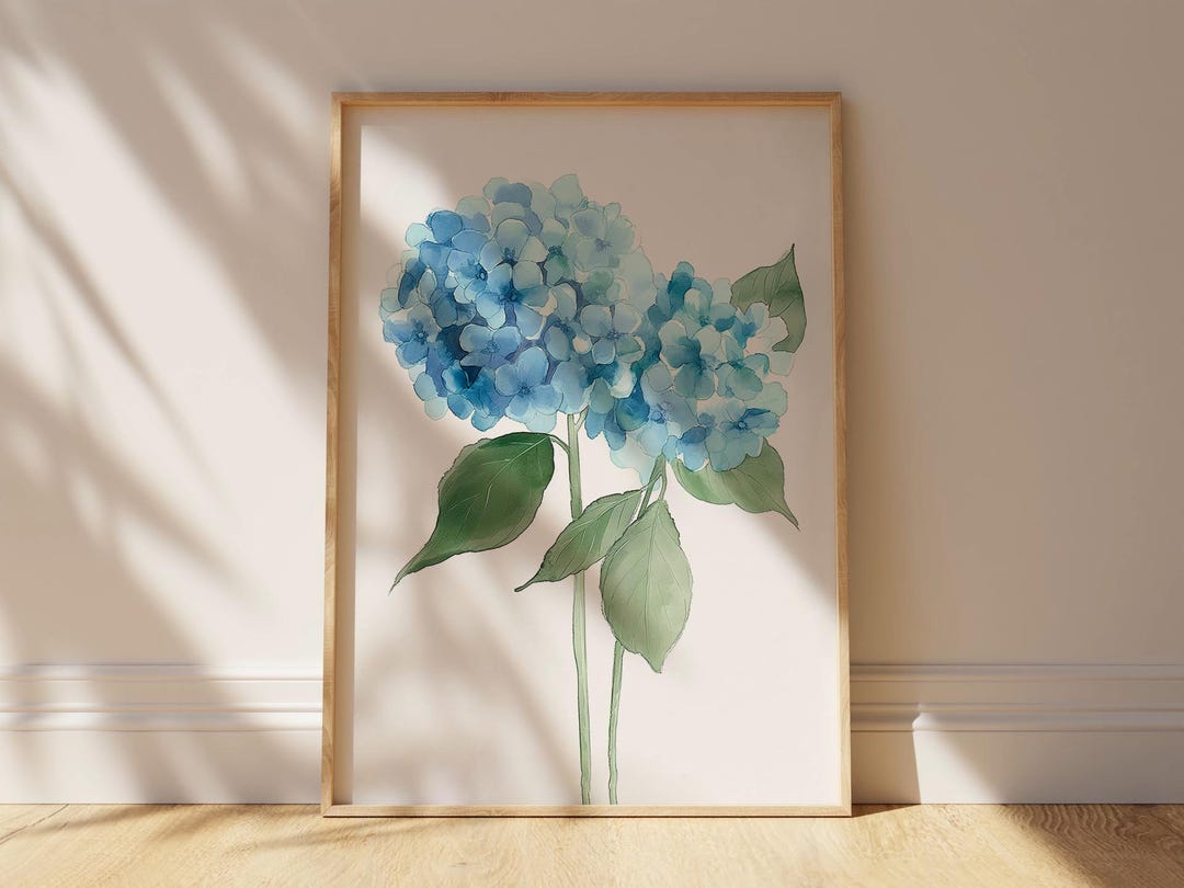 Blue Hydrangea Art Print: Minimalist Watercolor Botanical Illustration ...