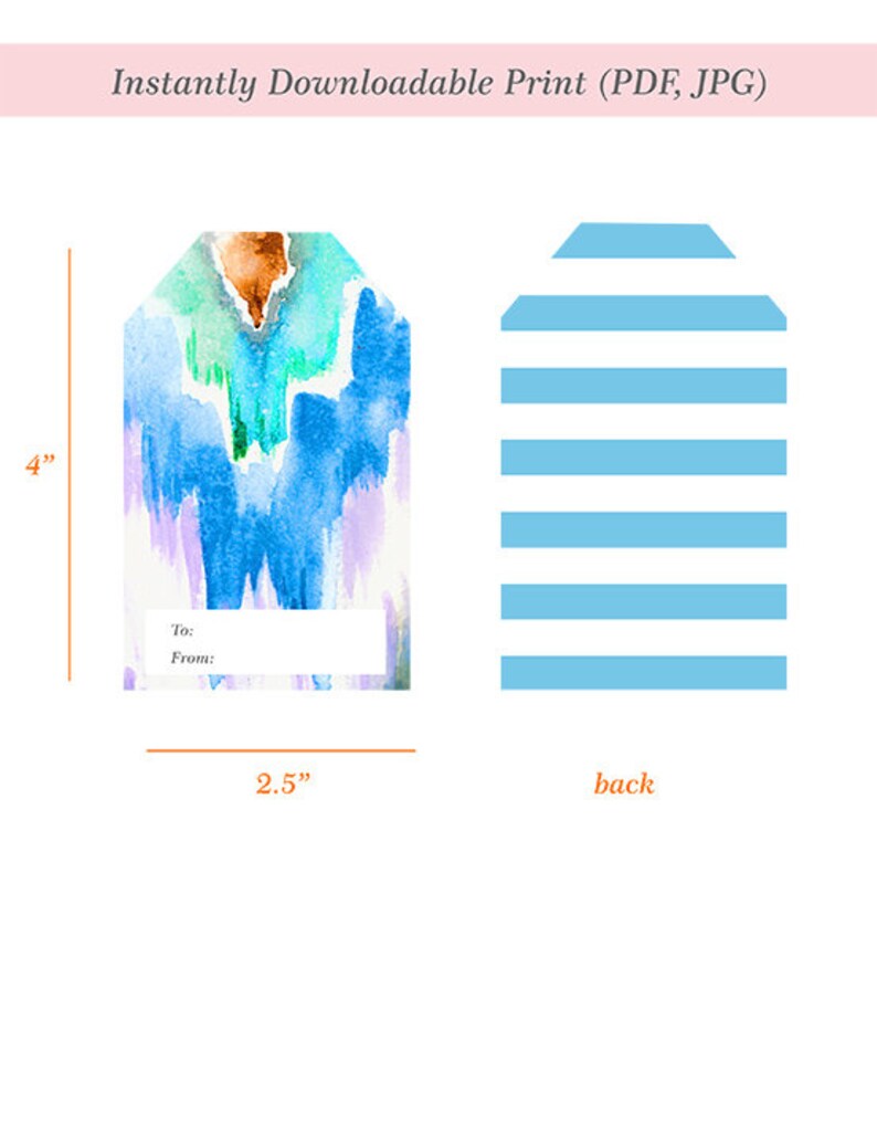 Printable Gift Tag Downloadable Watercolor Blue Ikat Tie Dye Colors ...