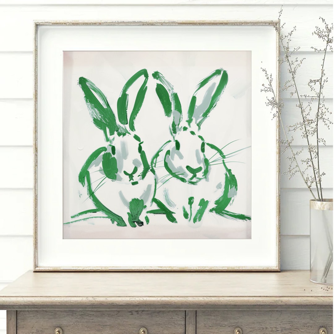 Bunny Modern Art Print Fine Art Green Simple Brush Strokes of an ...
