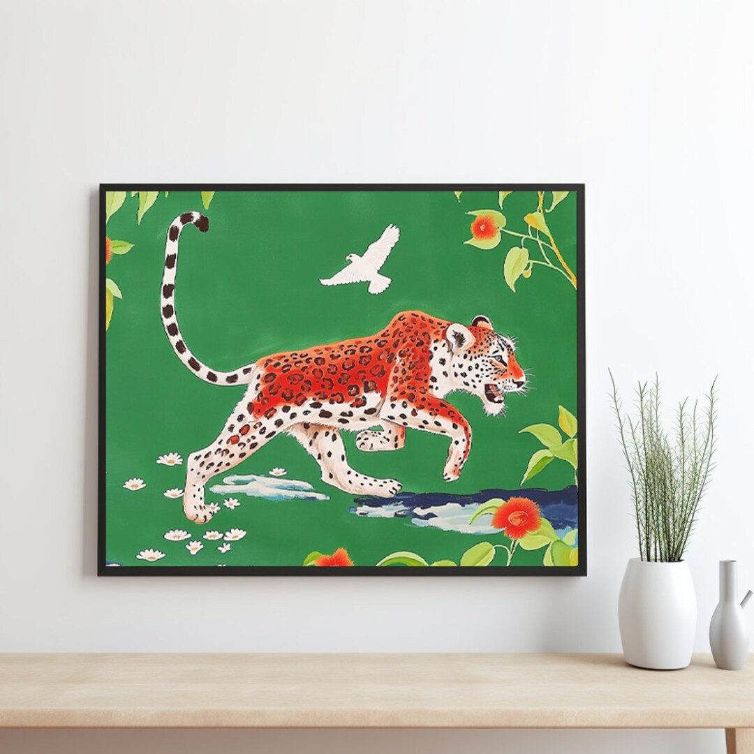 ART PRINT Asian Tiger Palm Tree in Chinoiserie Exotic Cat in Room ...