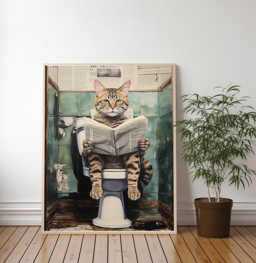 Funny Humorous Restroom Cat on Toilet Art Print Cat Reading Newspaper ...
