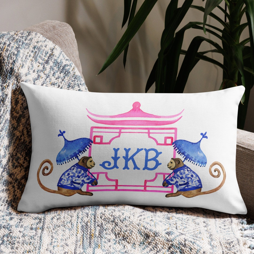 Chinoiserie Pagoda Monogram Preppy Pillow Cover Blue and White Ginger ...