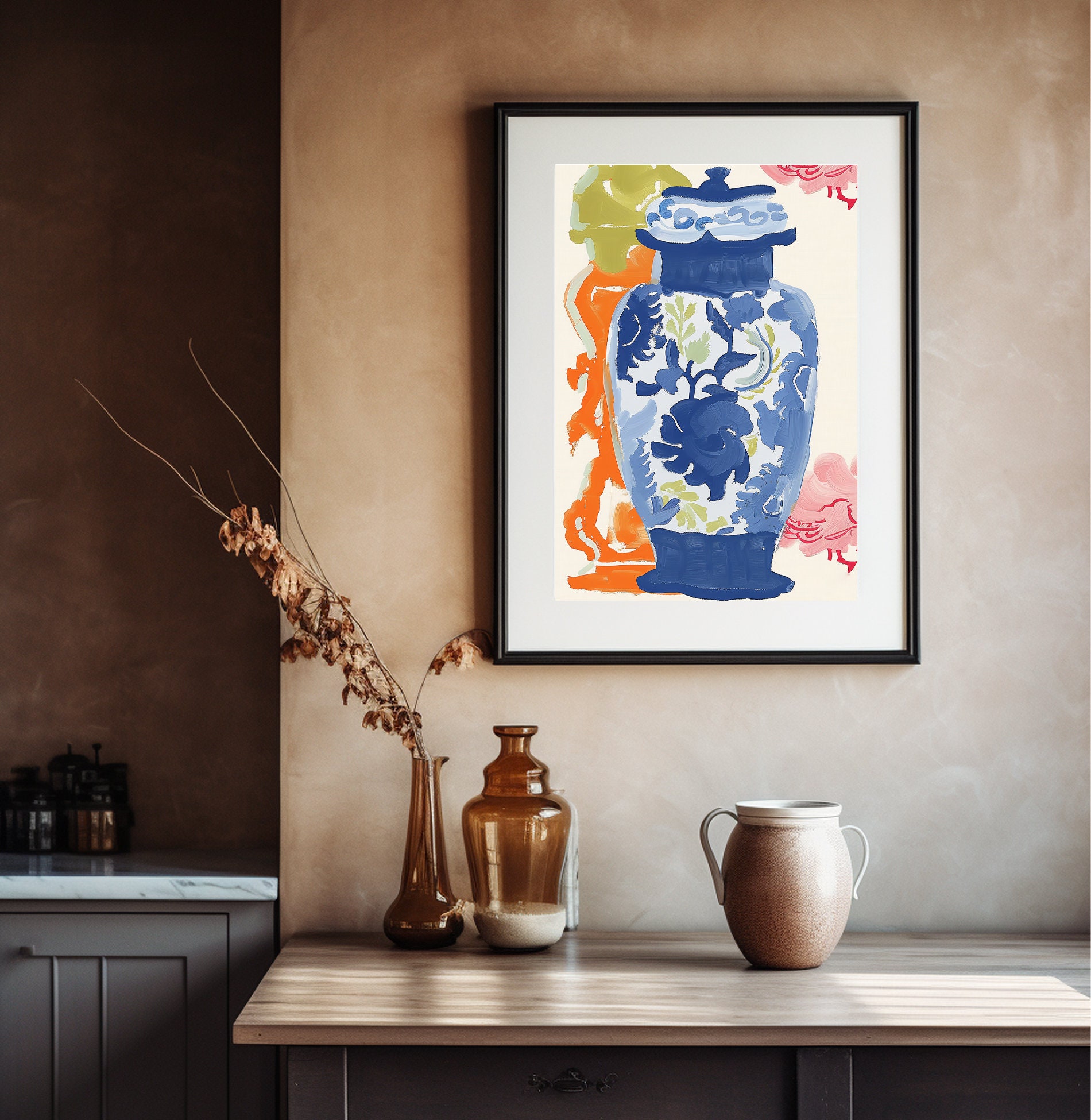 Art Print Preppy Staffordshire Vase Chinoiserie Pagoda Ginger Pattern ...