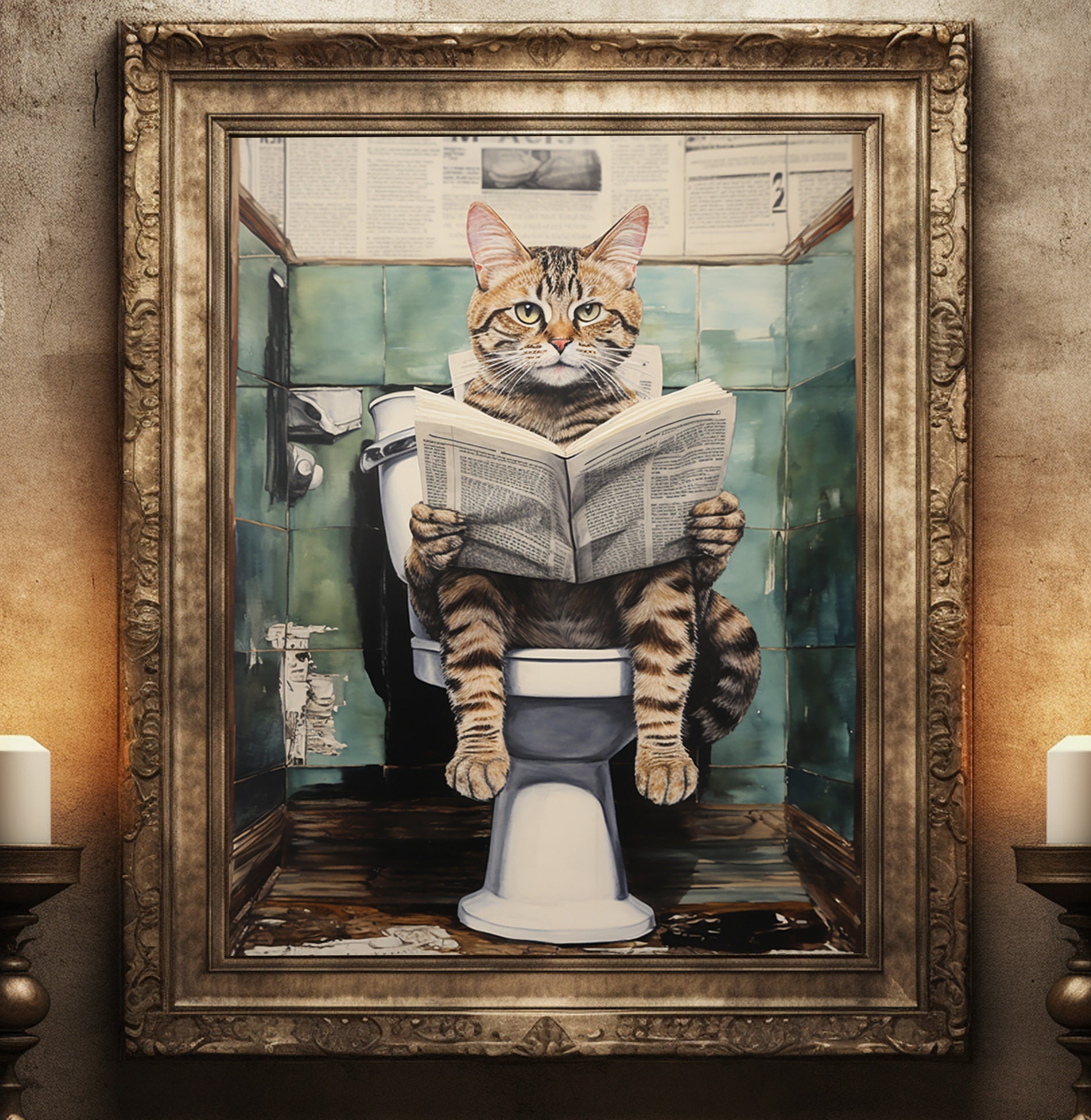 Funny Humorous Restroom Cat on Toilet Art Print Cat Reading Newspaper ...