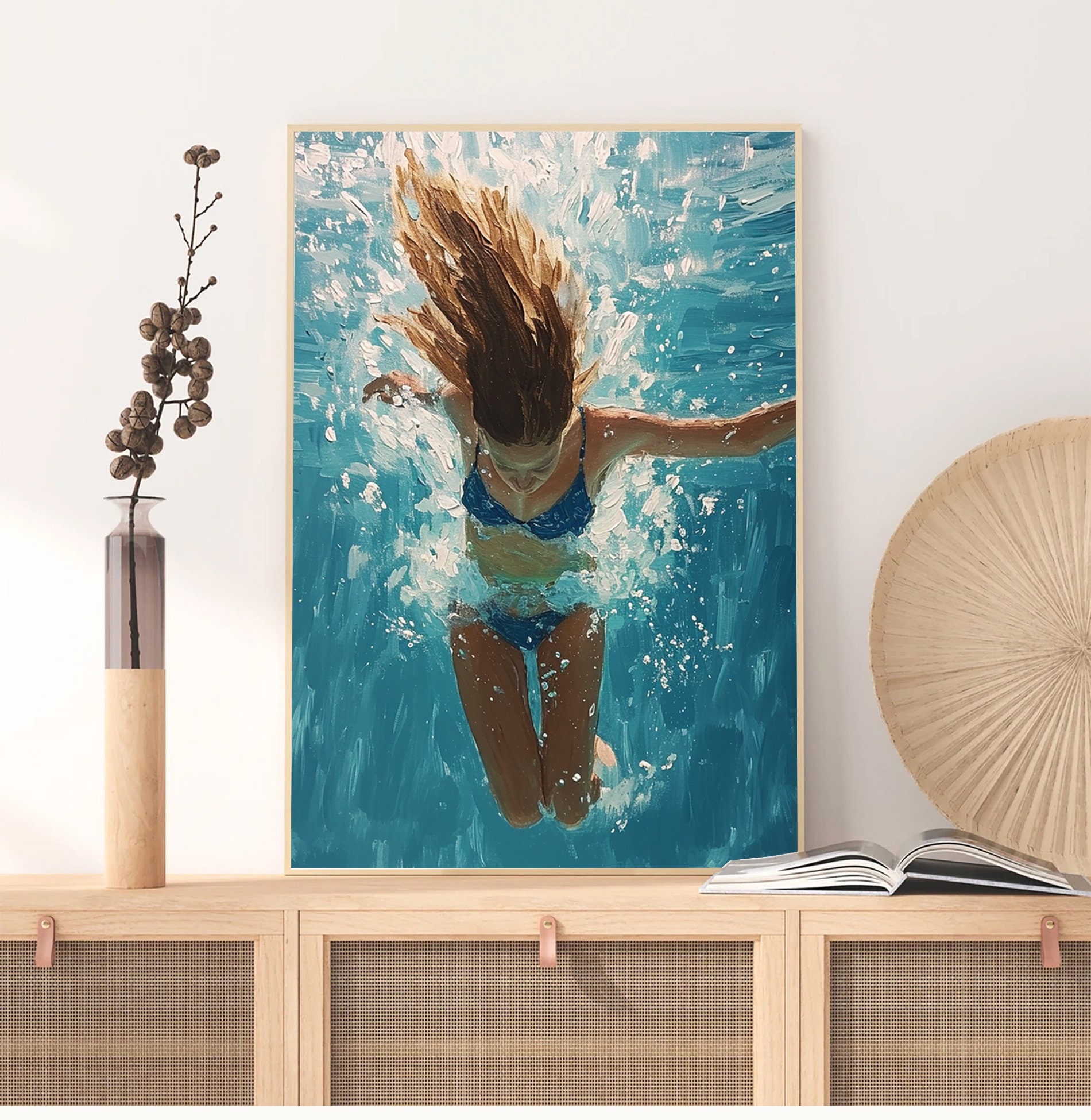 Diving Girl Pool Contemporary Art Print Poster Vintage Painting Art ...