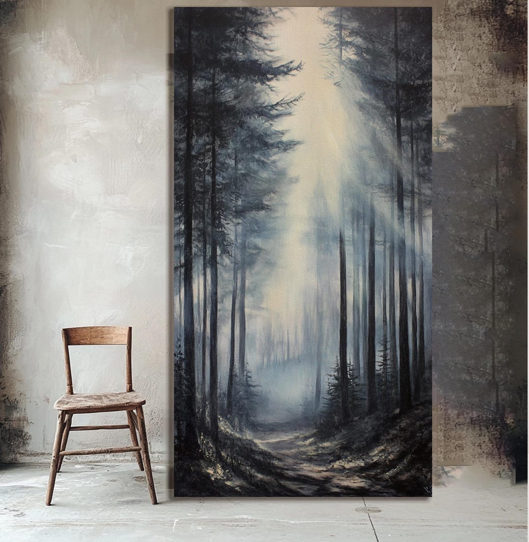 Fogged Forest Oil Painted Black and White Matte Canvas Print Stretched ...