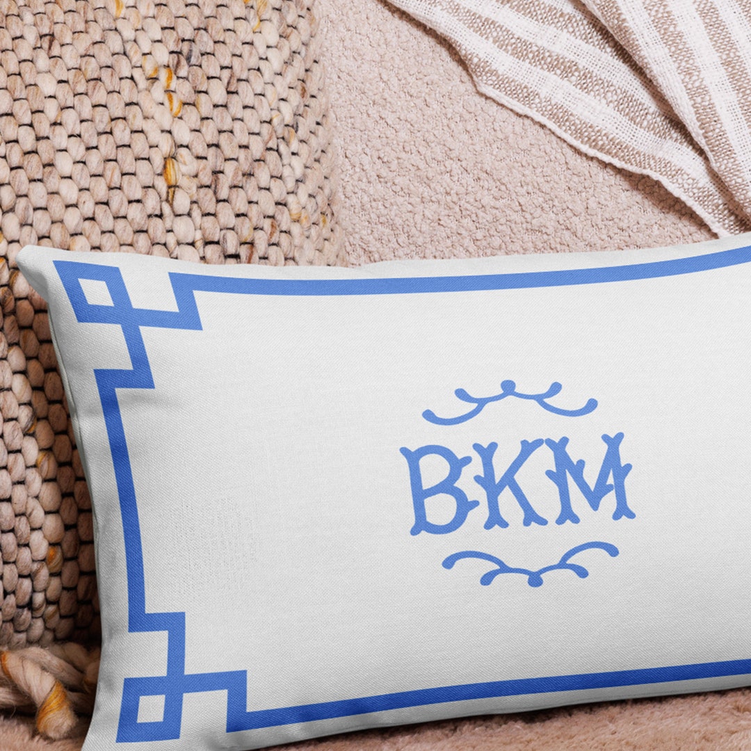 Chinoiserie Greek Keys Monogram Preppy Pillow Cover Blue and White ...