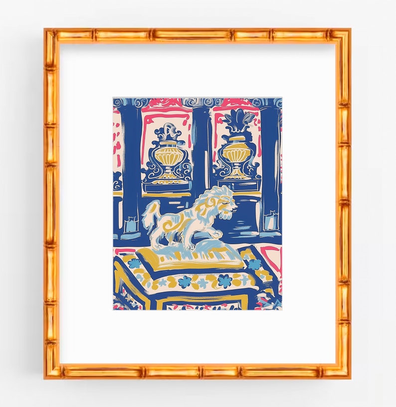 Art Print Staffordshire Dog Chinoiserie Pagoda Ginger Pattern Blues and ...