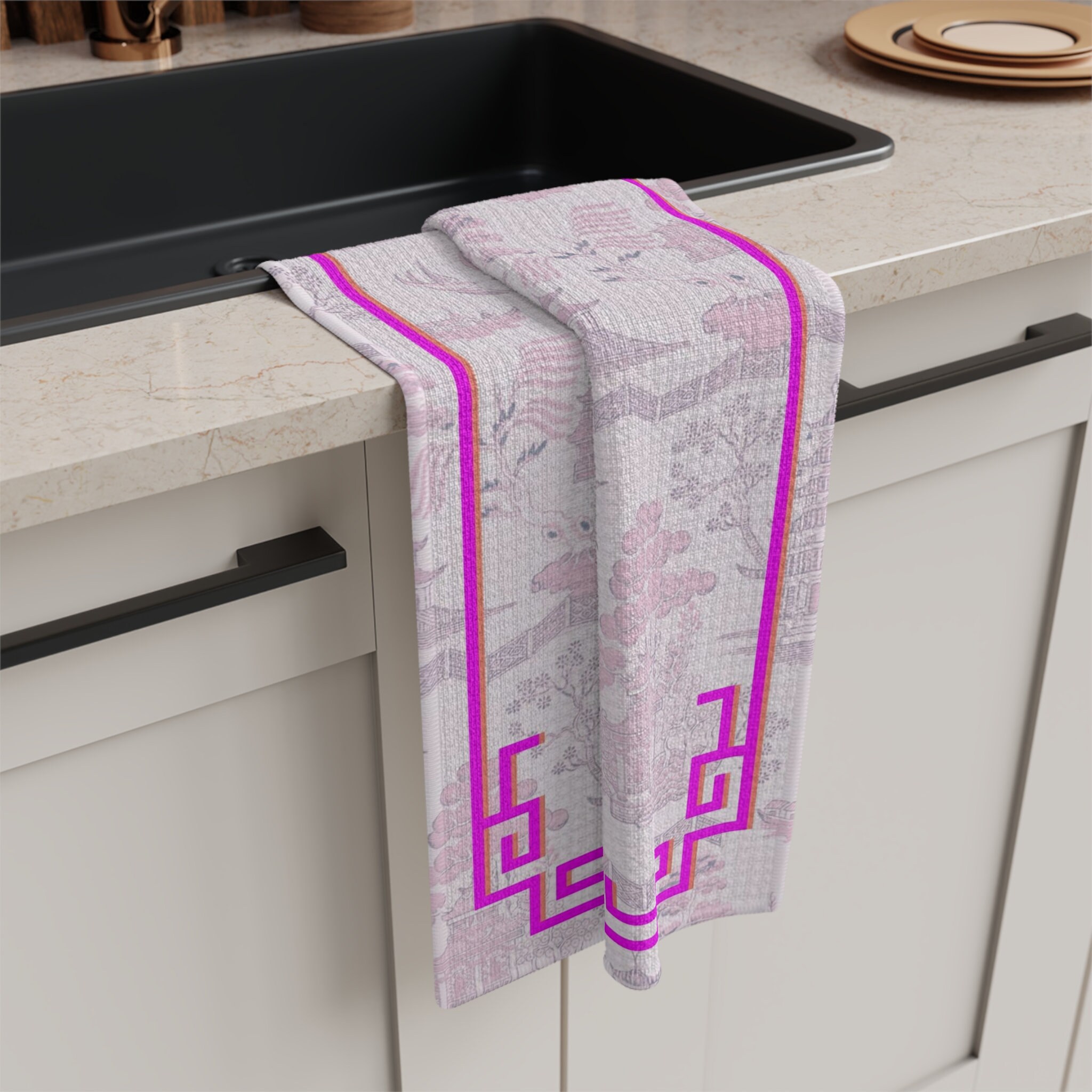 Custom Preppy Chinoiserie Pagoda Tea Towel, Personalized Monogram ...